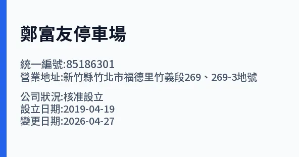 鄭富友停車場的照片-統編 85186301(新竹縣) 公司登記資料與營業項目詳細圖表