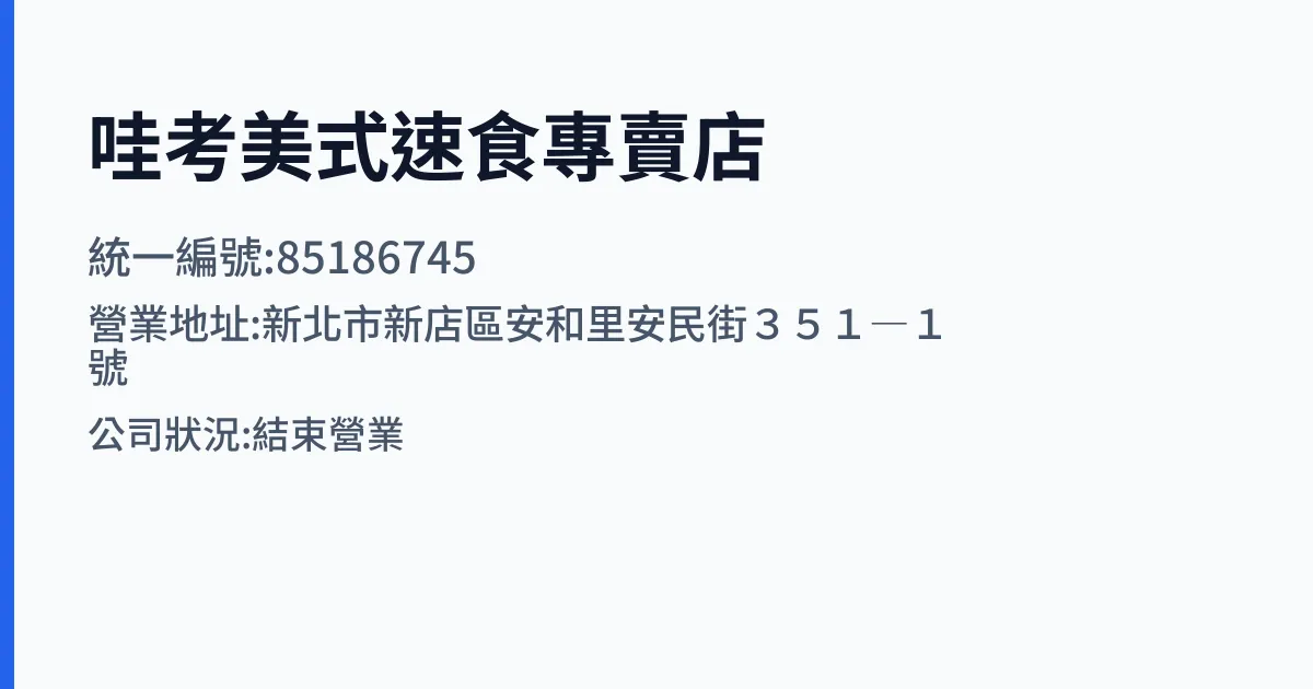 哇考美式速食專賣店 - 統編 85186745(新北市) 公司登記資料與營業項目詳細圖表