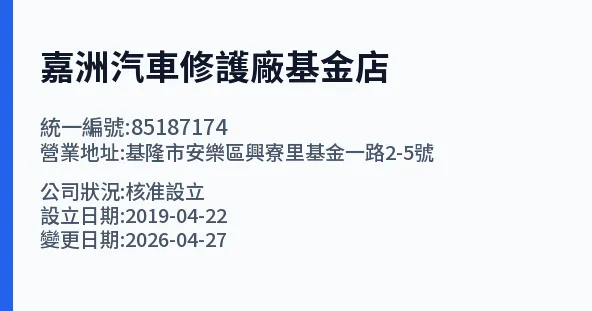 嘉洲汽車修護廠基金店的照片-統編 85187174(基隆市) 公司登記資料與營業項目詳細圖表