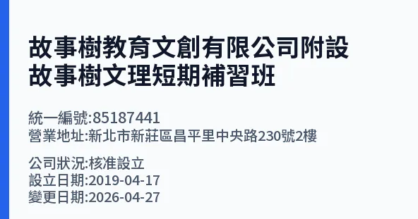 故事樹教育文創有限公司附設故事樹文理短期補習班的照片-統編 85187441(新北市) 公司登記資料與營業項目詳細圖表