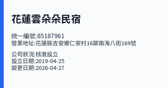 花蓮雲朵朵民宿的照片-統編 85187961(花蓮縣) 公司登記資料與營業項目詳細圖表