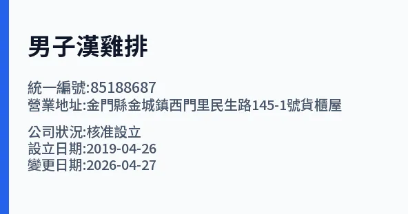 男子漢雞排的照片-統編 85188687(金門縣) 公司登記資料與營業項目詳細圖表