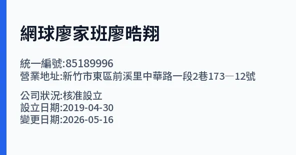 網球廖家班廖晧翔的照片-統編 85189996(新竹市) 公司登記資料與營業項目詳細圖表