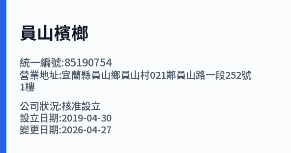 員山檳榔的照片-統編 85190754(宜蘭縣) 公司登記資料與營業項目詳細圖表