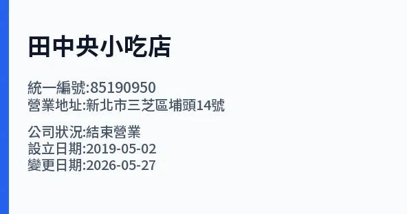 田中央小吃店的照片-統編 85190950(新北市) 公司登記資料與營業項目詳細圖表