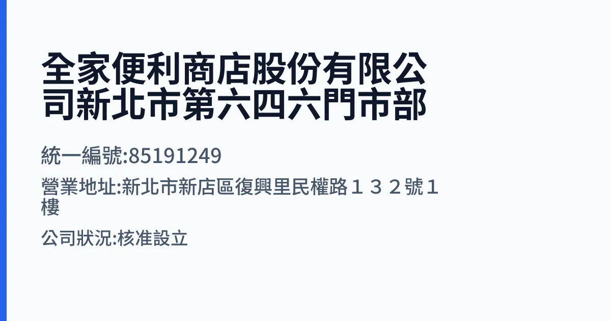 全家便利商店股份有限公司新北市第六四六門市部 - 統編 85191249(新北市) 公司登記資料與營業項目詳細圖表