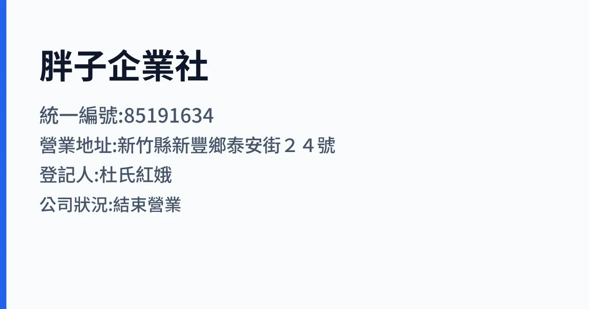 胖子企業社 - 統編 85191634(新竹縣) 公司登記資料與營業項目詳細圖表