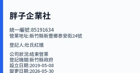 胖子企業社的照片-統編 85191634(新竹縣) 公司登記資料與營業項目詳細圖表