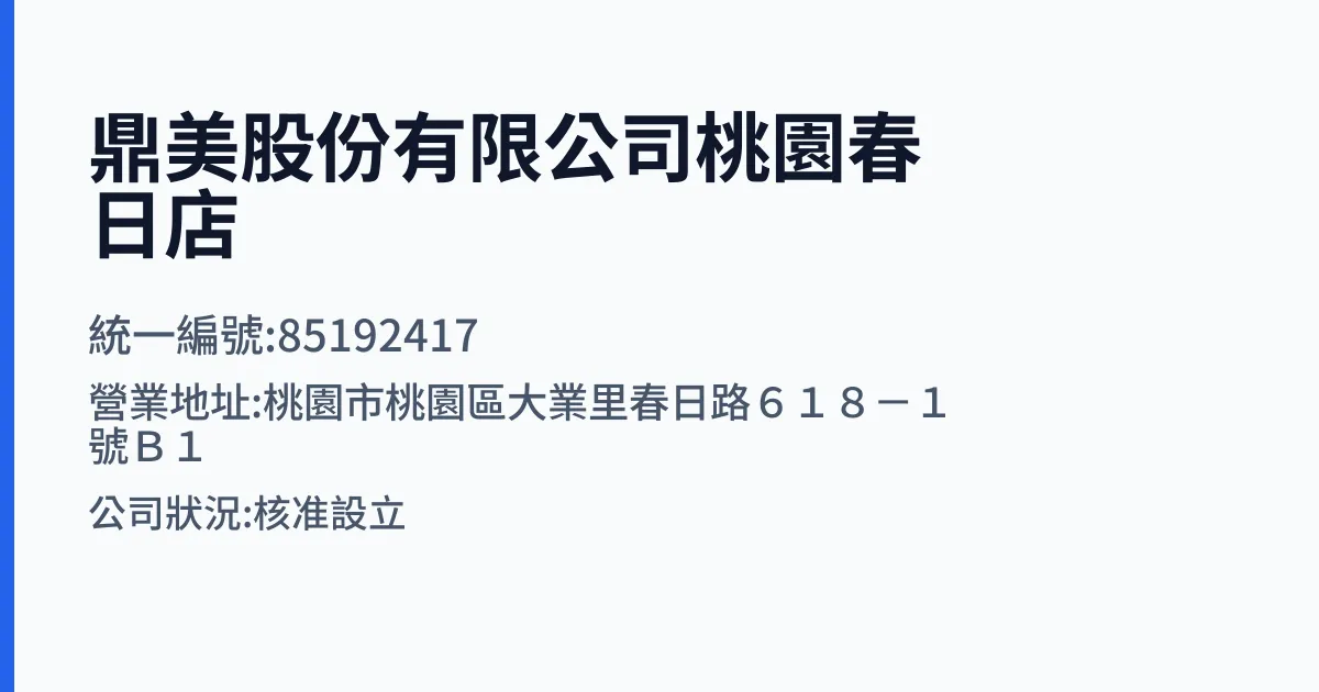 鼎美股份有限公司桃園春日店 - 統編 85192417(桃園市) 公司登記資料與營業項目詳細圖表