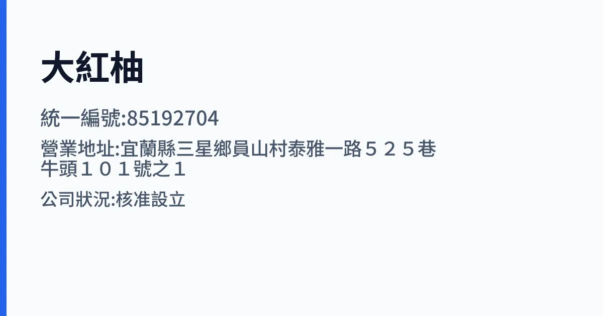 大紅柚 - 統編 85192704(宜蘭縣) 公司登記資料與營業項目詳細圖表