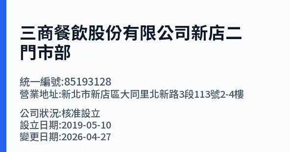 三商餐飲股份有限公司新店二門市部的照片-統編 85193128(新北市) 公司登記資料與營業項目詳細圖表