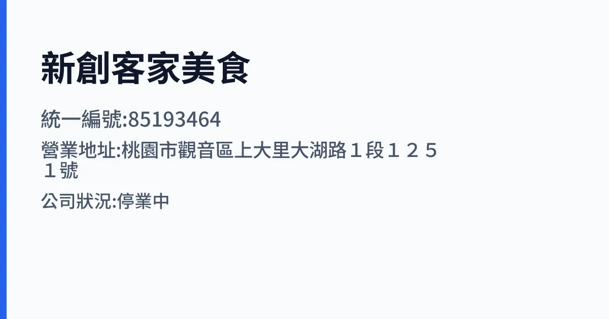 新創客家美食 - 統編 85193464(桃園市) 公司登記資料與營業項目詳細圖表