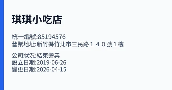 琪琪小吃店的照片-統編 85194576(新竹縣) 公司登記資料與營業項目詳細圖表