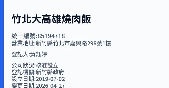 竹北大高雄燒肉飯的照片-統編 85194718(新竹縣) 公司登記資料與營業項目詳細圖表