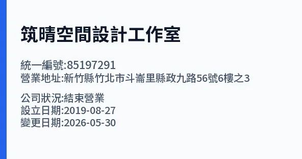 筑晴空間設計工作室的照片-統編 85197291(新竹縣) 公司登記資料與營業項目詳細圖表