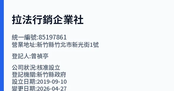 拉法行銷企業社的照片-統編 85197861(新竹縣) 公司登記資料與營業項目詳細圖表