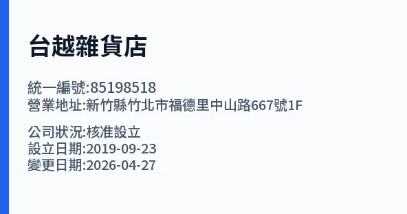 台越雜貨店的照片-統編 85198518(新竹縣) 公司登記資料與營業項目詳細圖表