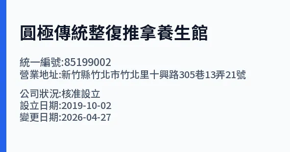 圓極傳統整復推拿養生館的照片-統編 85199002(新竹縣) 公司登記資料與營業項目詳細圖表
