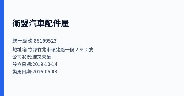 衛盟汽車配件屋的照片-統編 85199523(新竹縣) 公司登記資料與營業項目詳細圖表