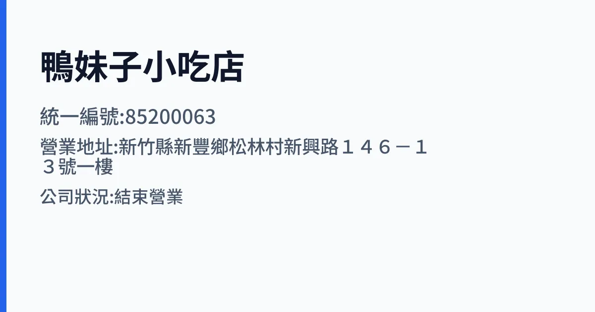 鴨妹子小吃店 - 統編 85200063(新竹縣) 公司登記資料與營業項目詳細圖表