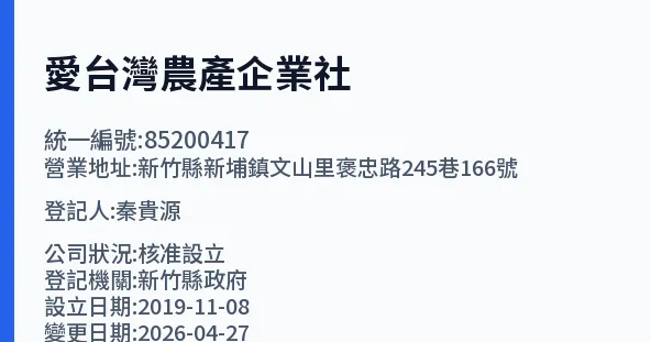 愛台灣農產企業社的照片-統編 85200417(新竹縣) 公司登記資料與營業項目詳細圖表