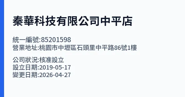 秦華科技有限公司中平店的照片-統編 85201598(桃園市) 公司登記資料與營業項目詳細圖表
