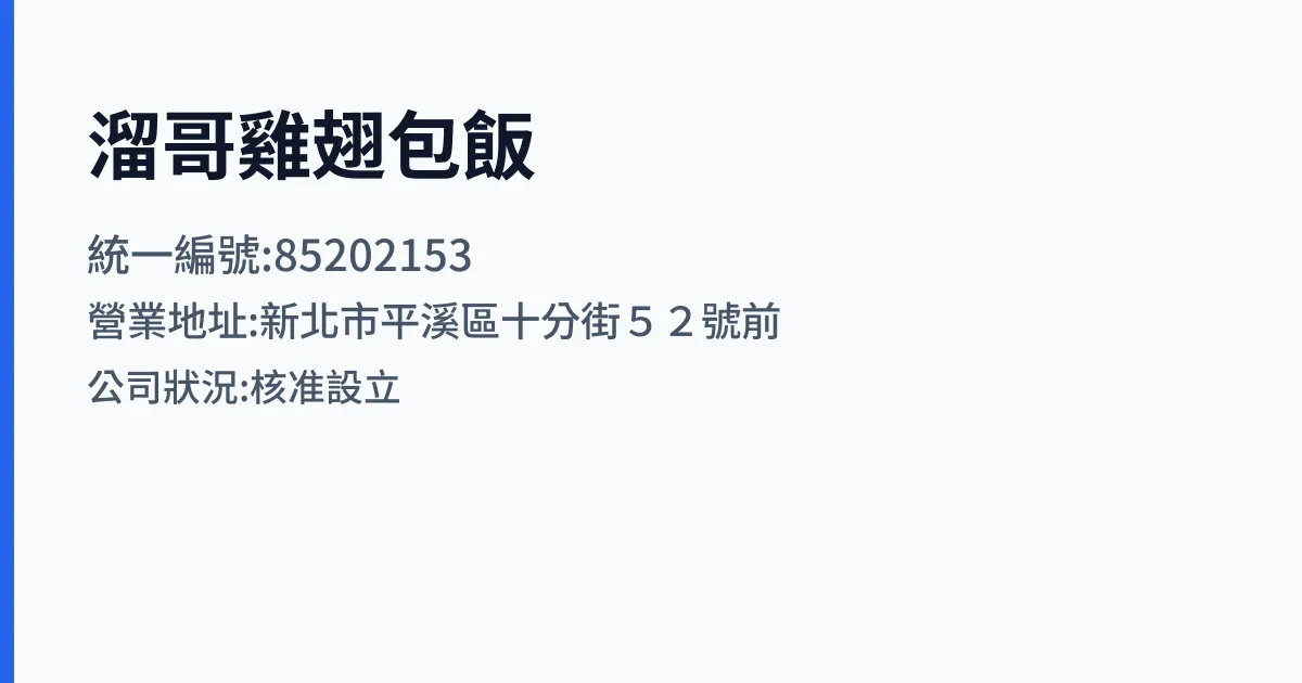 溜哥雞翅包飯 - 統編 85202153(新北市) 公司登記資料與營業項目詳細圖表