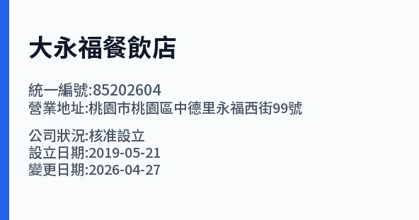 大永福餐飲店的照片-統編 85202604(桃園市) 公司登記資料與營業項目詳細圖表