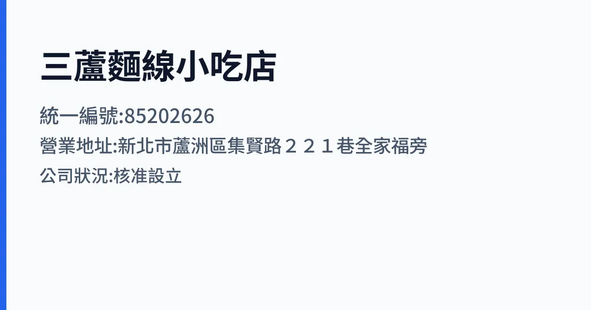 三蘆麵線小吃店 - 統編 85202626(新北市) 公司登記資料與營業項目詳細圖表
