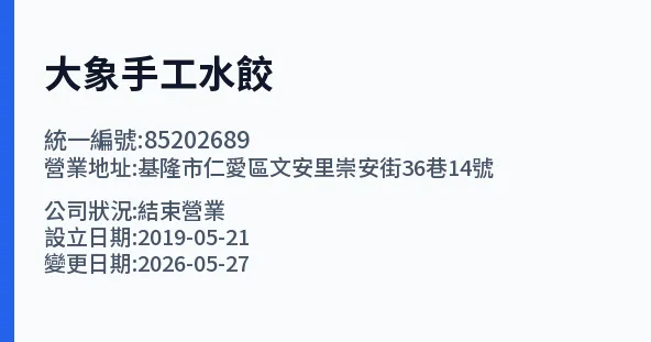 大象手工水餃的照片-統編 85202689(基隆市) 公司登記資料與營業項目詳細圖表