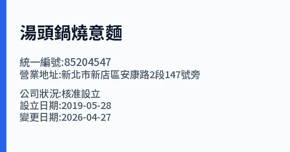 湯頭鍋燒意麵的照片-統編 85204547(新北市) 公司登記資料與營業項目詳細圖表