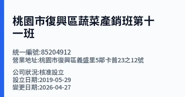 桃園市復興區蔬菜產銷班第十一班的照片-統編 85204912(桃園市) 公司登記資料與營業項目詳細圖表