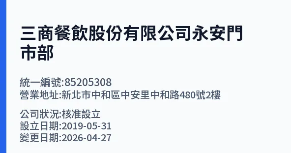 三商餐飲股份有限公司永安門市部的照片-統編 85205308(新北市) 公司登記資料與營業項目詳細圖表