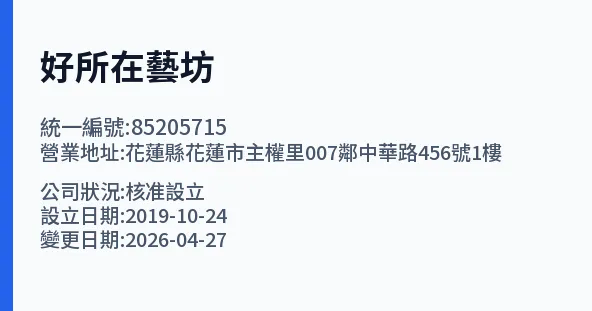 好所在藝坊的照片-統編 85205715(花蓮縣) 公司登記資料與營業項目詳細圖表