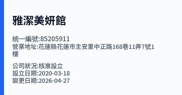 雅潔美妍館的照片-統編 85205911(花蓮縣) 公司登記資料與營業項目詳細圖表