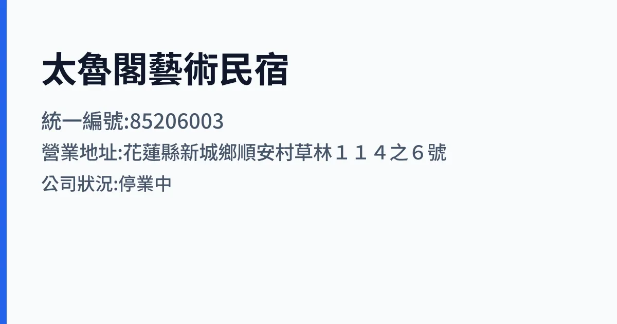 太魯閣藝術民宿 - 統編 85206003(花蓮縣) 公司登記資料與營業項目詳細圖表
