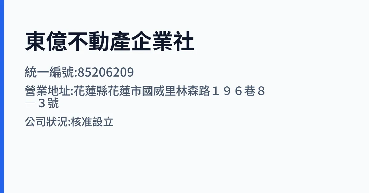 東億不動產企業社 - 統編 85206209(花蓮縣) 公司登記資料與營業項目詳細圖表