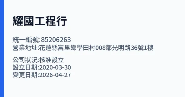 耀國工程行的照片-統編 85206263(花蓮縣) 公司登記資料與營業項目詳細圖表