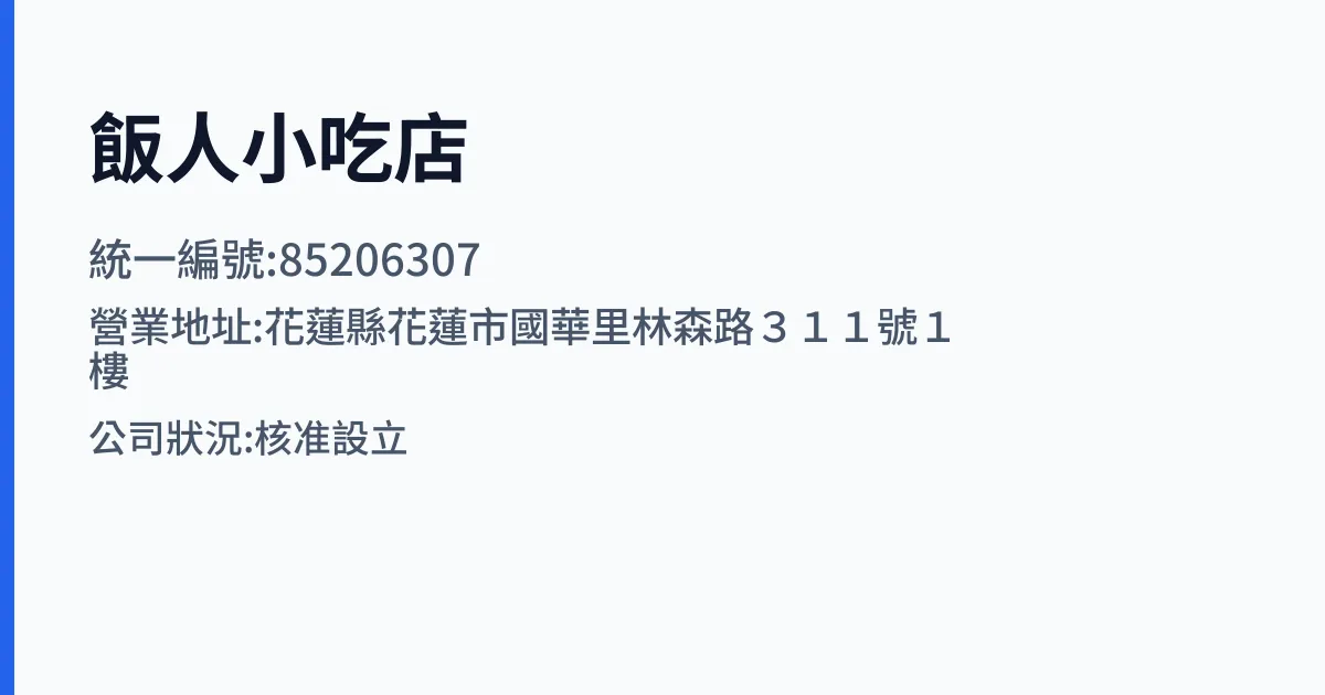 飯人小吃店 - 統編 85206307(花蓮縣) 公司登記資料與營業項目詳細圖表