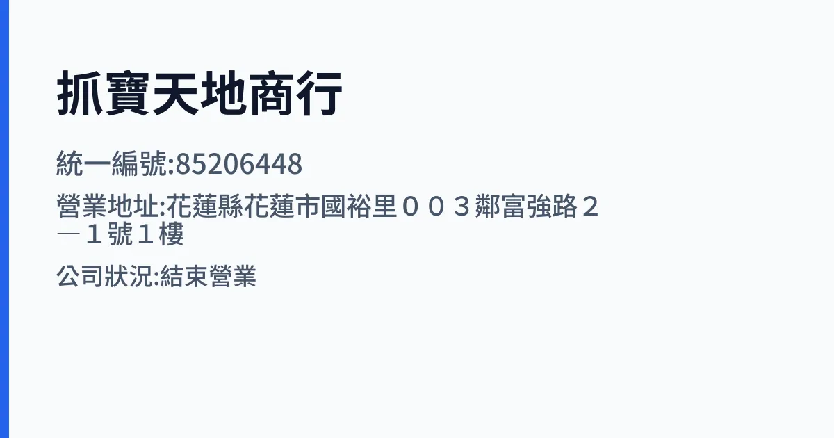 抓寶天地商行 - 統編 85206448(花蓮縣) 公司登記資料與營業項目詳細圖表