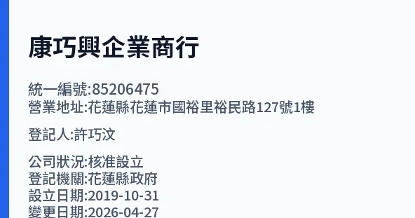 康巧興企業商行的照片-統編 85206475(花蓮縣) 公司登記資料與營業項目詳細圖表