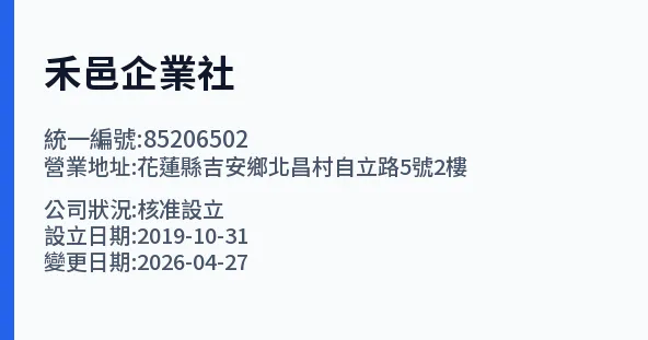 禾邑企業社的照片-統編 85206502(花蓮縣) 公司登記資料與營業項目詳細圖表