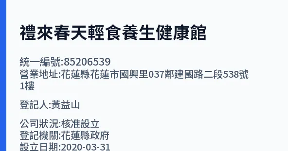 禮來春天輕食養生健康館的照片-統編 85206539(花蓮縣) 公司登記資料與營業項目詳細圖表
