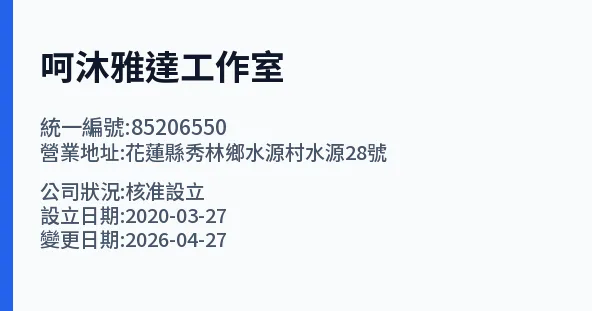 呵沐雅達工作室的照片-統編 85206550(花蓮縣) 公司登記資料與營業項目詳細圖表