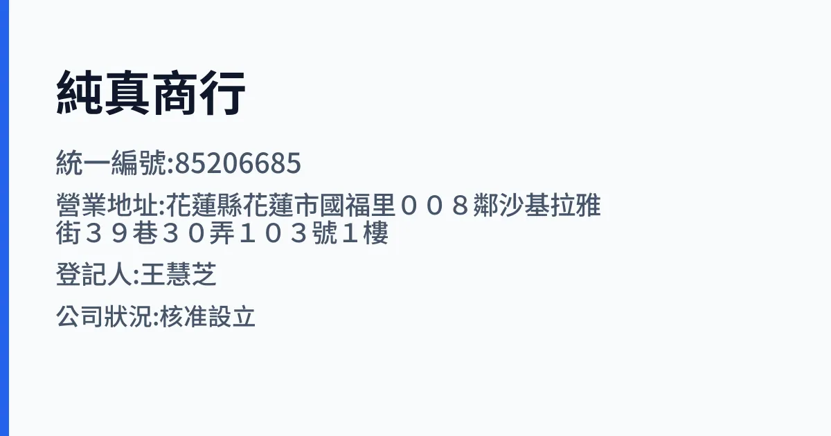 純真商行 - 統編 85206685（花蓮縣） 公司登記資料與營業項目詳細圖表