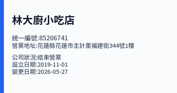 林大廚小吃店的照片-統編 85206741(花蓮縣) 公司登記資料與營業項目詳細圖表