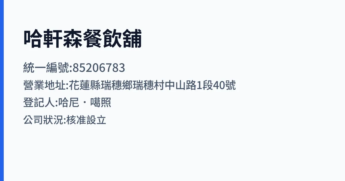 哈軒森餐飲舖 - 統編 85206783(花蓮縣) 公司登記資料與營業項目詳細圖表