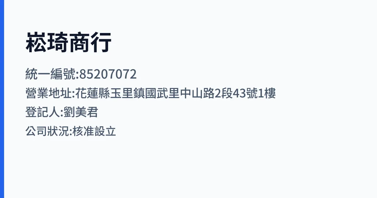 崧琦商行 - 統編 85207072(花蓮縣) 公司登記資料與營業項目詳細圖表