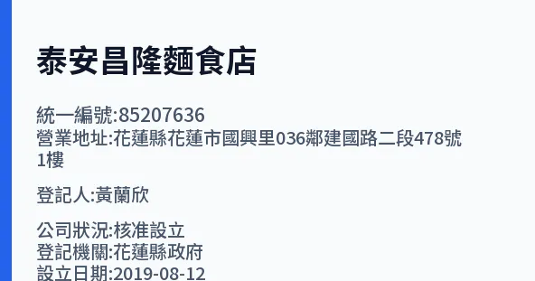 泰安昌隆麵食店的照片-統編 85207636(花蓮縣) 公司登記資料與營業項目詳細圖表