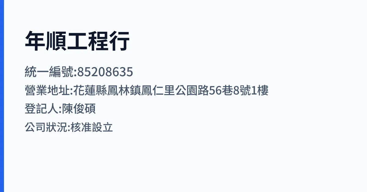 年順工程行 - 統編 85208635(花蓮縣) 公司登記資料與營業項目詳細圖表